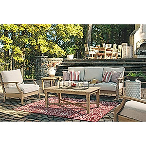 Signature Design by Ashley Clare View Coastal Outdoor Patio Eucalyptus Sofa with Cushions, Beige
