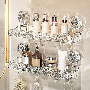 Quincry Light Luxury Style Glacier Pattern Suction Cup Shelf with Hook, Punch-Free Shower Storage Rack for Bathroom, No Drill Corner Wall Caddy for Kitchen (Clear(Triangle + Rectangle))