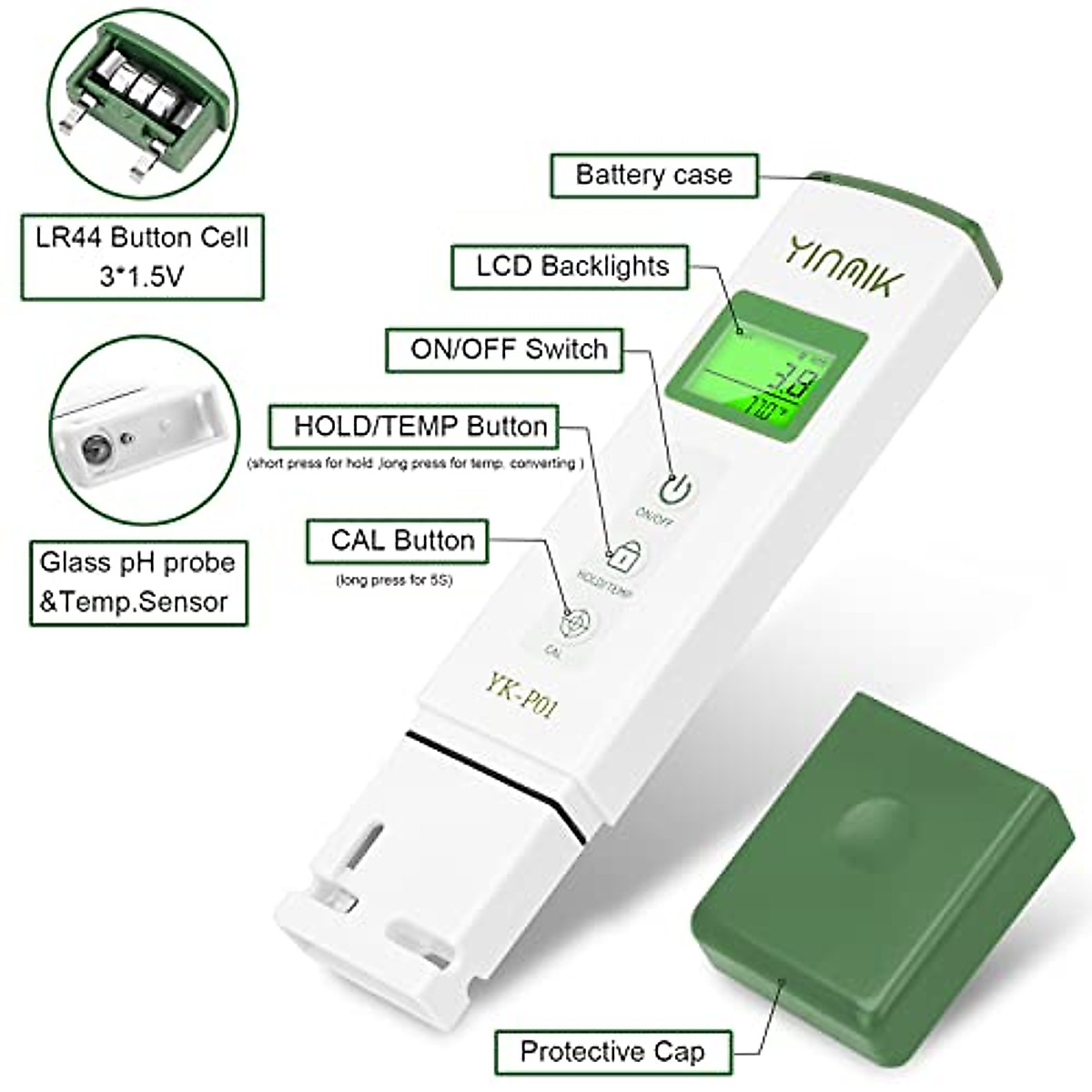 YINMIK YK-P01 pH Tester Digital pH Meter for Water Hydroponics, Accurate pH Temp Meter with ATC for Pool, Spa, Hot Tub, Indoor Plants, Drinking Water, Wine Beer Home Brewing, Aquarium