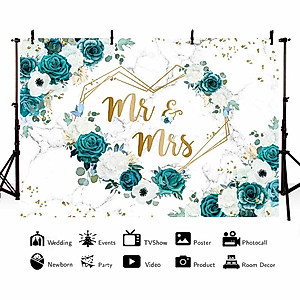 AIBIIN 7x5ft Green Mr and Mrs Floral Backdrop Teal Wedding Photography Background Heart Geometric Marble Flowers Bridal Shower Banner Women Bride to Be Couple Engagement Party Cake Smash Photo Props
