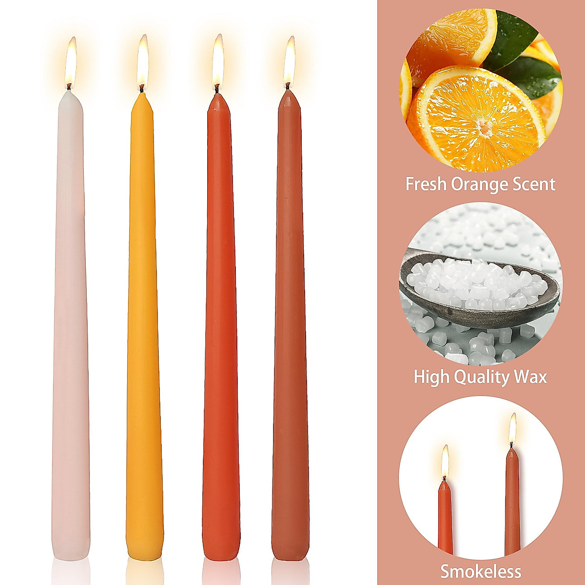 Orange Taper Candles 9.5inches Candle Sticks Long Candle Set of 4 - Smokeless Orange Scented Tapered Candle for Wedding Party Christmas Home Decoration