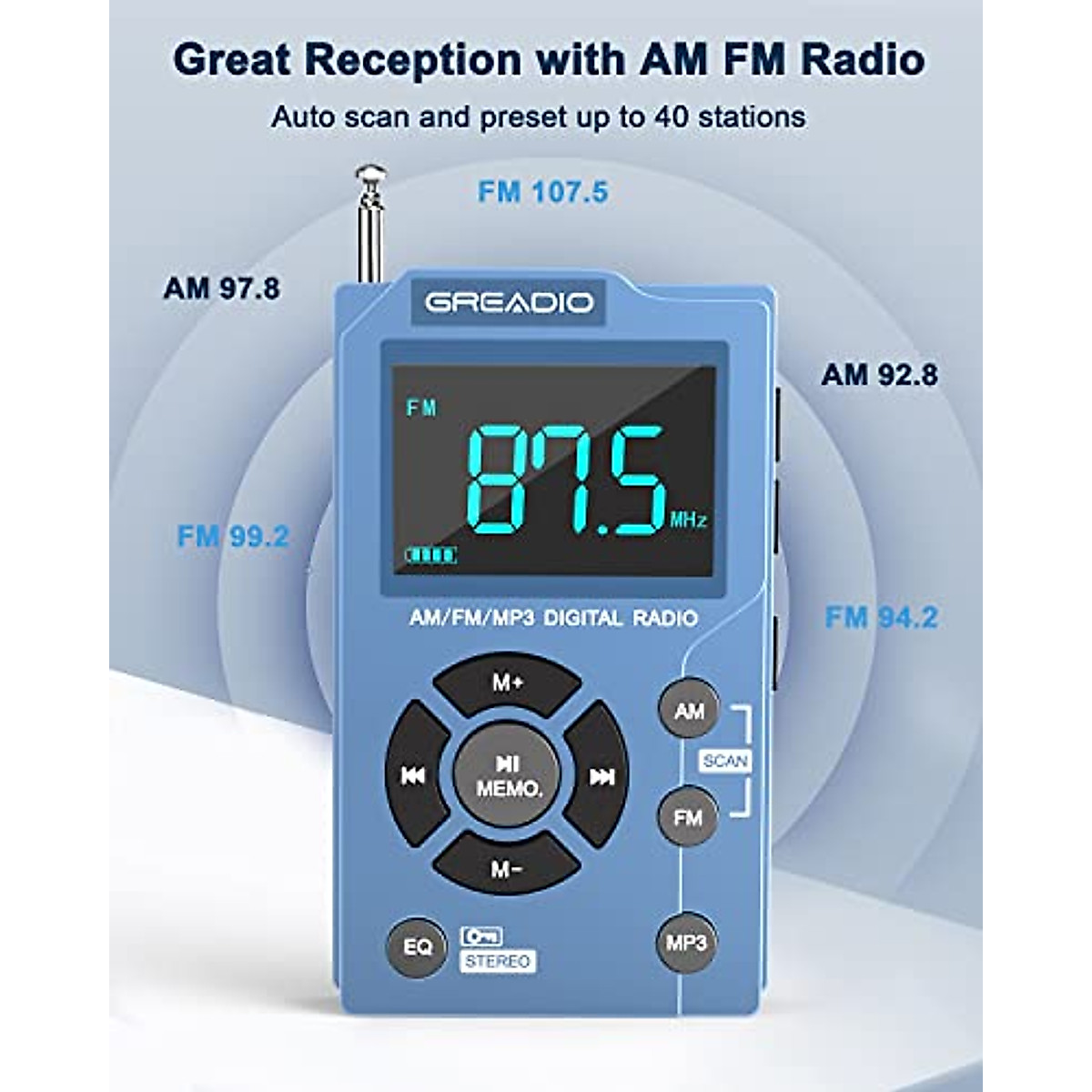 Greadio Radios Portable AM FM with MP3 Player,Best Reception Pocket Radio, Large LCD Screen and Easy to Use, 6 EQ Stereo,Earphone Jack Walkman Radio,for Jogging,Walking,Camping AM FM Radio
