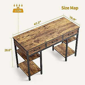 CubiCubi 47 Inch Computer Desk with Fabric Drawers and Storage Shelfs, Small Office Home Desk, Study Writing Table, Modern Simple Desk, Rustic Brown