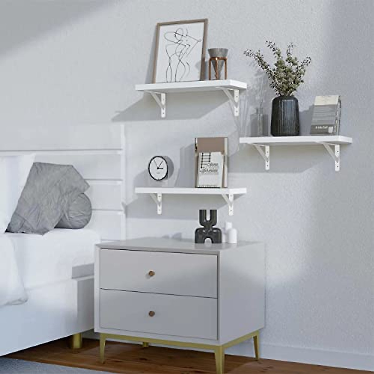 AIKTOTA Floating Shelves - 15.7" White Wall Shelf with Metal Bracket, Wall Mounted Shelves for Bathroom, Living Room, Bedroom, Kitchen, Modern Storage Shelves Decor - Set of 3