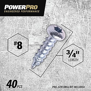 Power Pro Premium One Multi-Material Pan Head Screws, Zinc Plated Steel, Fasten in Wood, Metal, Concrete, Drywall and Plastic, Silver, #8 x ¾ inch, Box of 40 Screws
