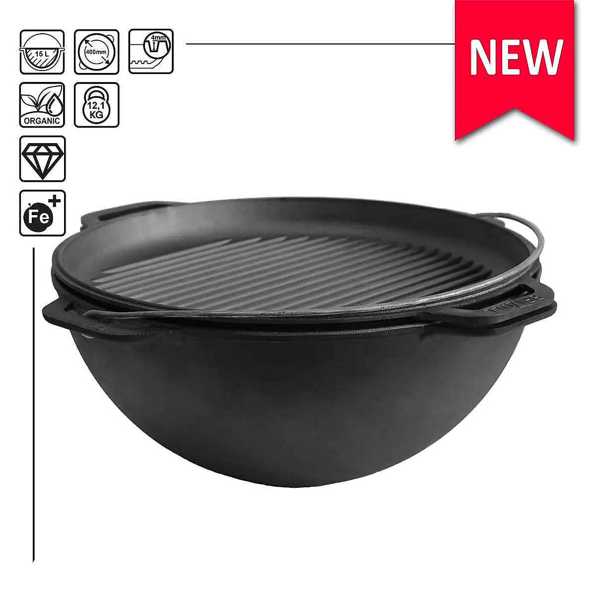 Cast Iron Dutch Oven Brizoll 15.85 Quarts (15L) - Premium Camping Cookware - Cast Iron Cookware Set - Camping Dutch Oven Pot with Lid - Asian Cauldron - Uzbek Kazan Cast Iron - Grill Frying Pan Lid