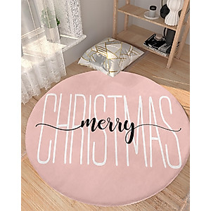 Merry Christmas Fluffy Round Area Rug Carpets 4ft, Plush Shaggy Carpet Soft Circular Rugs, Non-Slip Fuzzy Accent Floor Mat for Living Room Bedroom Nursery Home Decor Blush Pink Xmas Holiday
