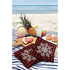 Outdoor Waterproof Throw Pillow Covers Set of 2,Christmas Snowflake Plaid Red Outdoor Pillow Covers Decorative Cushion Covers for Patio Funiture Garden,18 x 18 Inches,Winter Rustic Buffalo Checkered