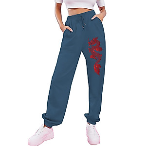 KEEVICI Women's Dragon Print Sweatpants High Waisted Joggers Yoga Workout Sports Black Elastic Waist Pants with Pockets (Deep Blue, XL)