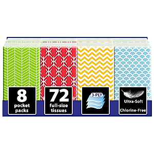 Funwares Pocket Sized White Car Travel School Work Facial Tissue, 24 Packs, 216 Total 3-Ply Tissue Sheets (9 - 3-Ply Tissue Sheets Per Pack), Elegant Floral Print Designed Package