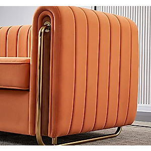 Melpomene Vertical Channel Tufted Velvet Sofa with Round Arm and Gold Metal Legs,Armrest 84.25" W（Orange）