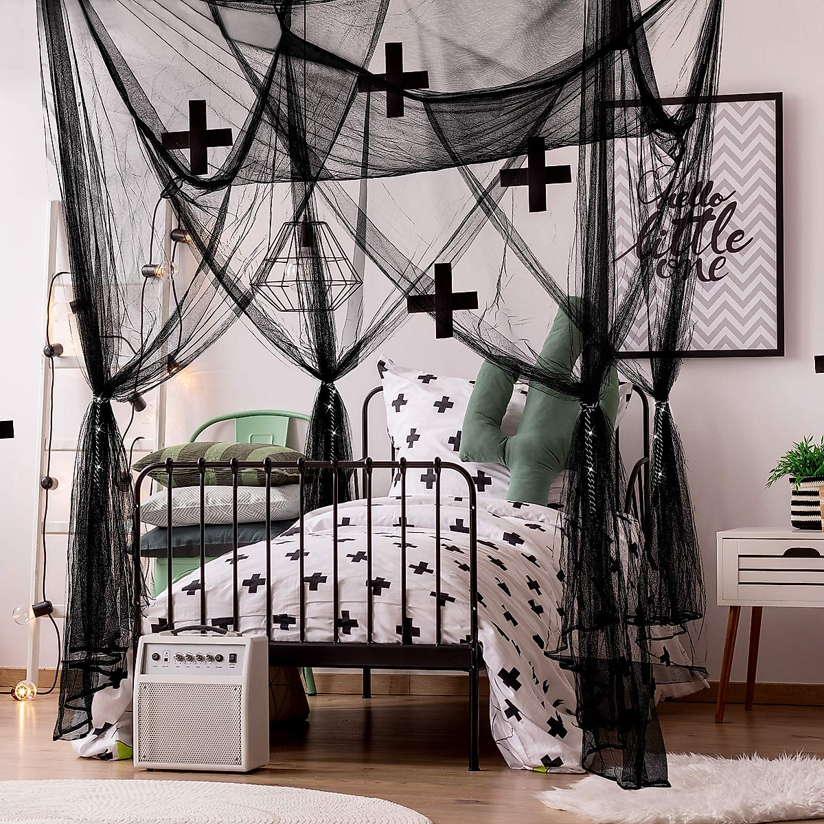 4 Corner Post Mosquito Net Canopy Bed Curtains Large Mosquito Netting Bedroom Princess Decoration Canopy Curtains with 4 Pieces Tassel Hanging Pendants for Full Queen King Size Bed (Black)