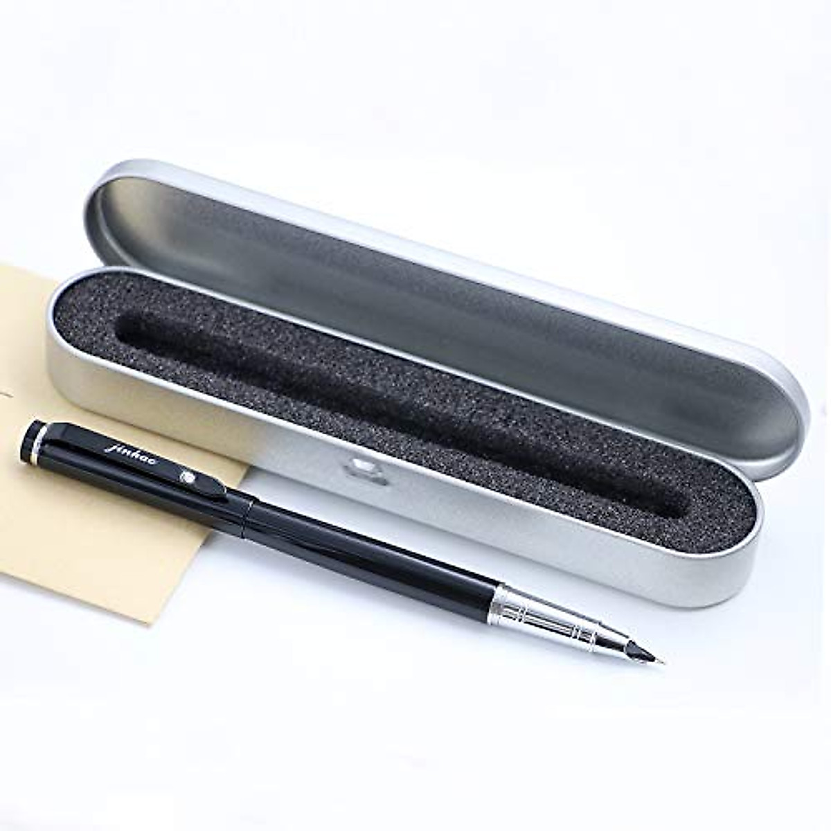 JinHao 101 Black Fountain Pen Set 0.38mm Extra Fine Nib Writing Calligraphy Ink Pens with Metal Pen Case