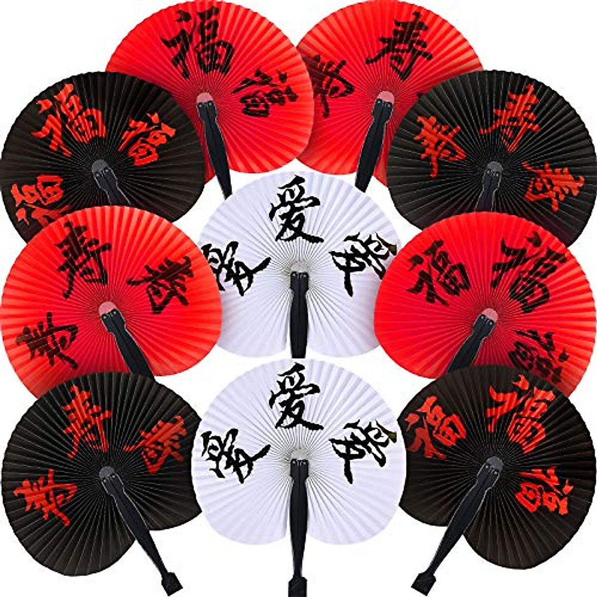 10 Pieces Chinese New Year Fans Chinese Character Folding Fan Oriental Handheld Paper Fans Japanese Round Fan for Wedding Birthday Party Supply Decoration (Traditional Style)
