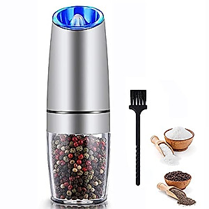 Gravity Electric Salt and Pepper Grinder with blue LED Light, Automatic Pepper and Salt Mill with Adjustable Coarseness, One Hand Operated Stainless Steel with Bush, Housewam Gift Yimilife