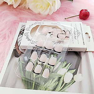 Square Press on Nails Short Cute White and Black French Tip Nails Acrylic False Nails with White and Black Edge Designs Artificial Fake Nails Reusable Glue on Nails for Women and Girls