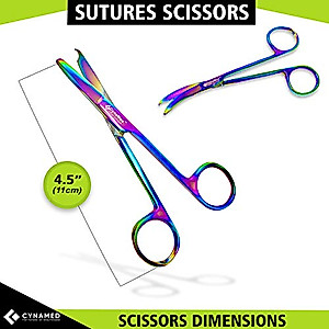 Cynamed Suture Stitch Scissors with Multicolor/Rainbow Titanium Coating - Premium Quality Instrument- Delicate Hook - Perfect for Suture Removal, First Aid, EMS Training and More (4.5 in. - Straight)