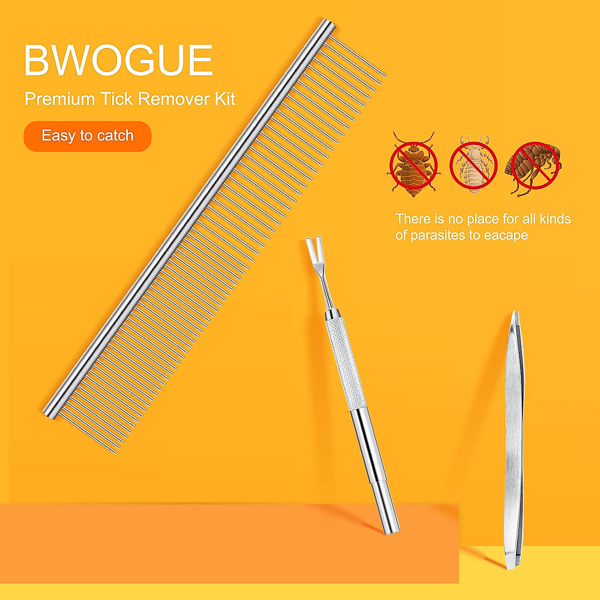 BWOGUE Premium Tick Removal Kit for Dogs and Cats - Stainless Steel Tool with Comb, Easily Removes Ticks and Fleas