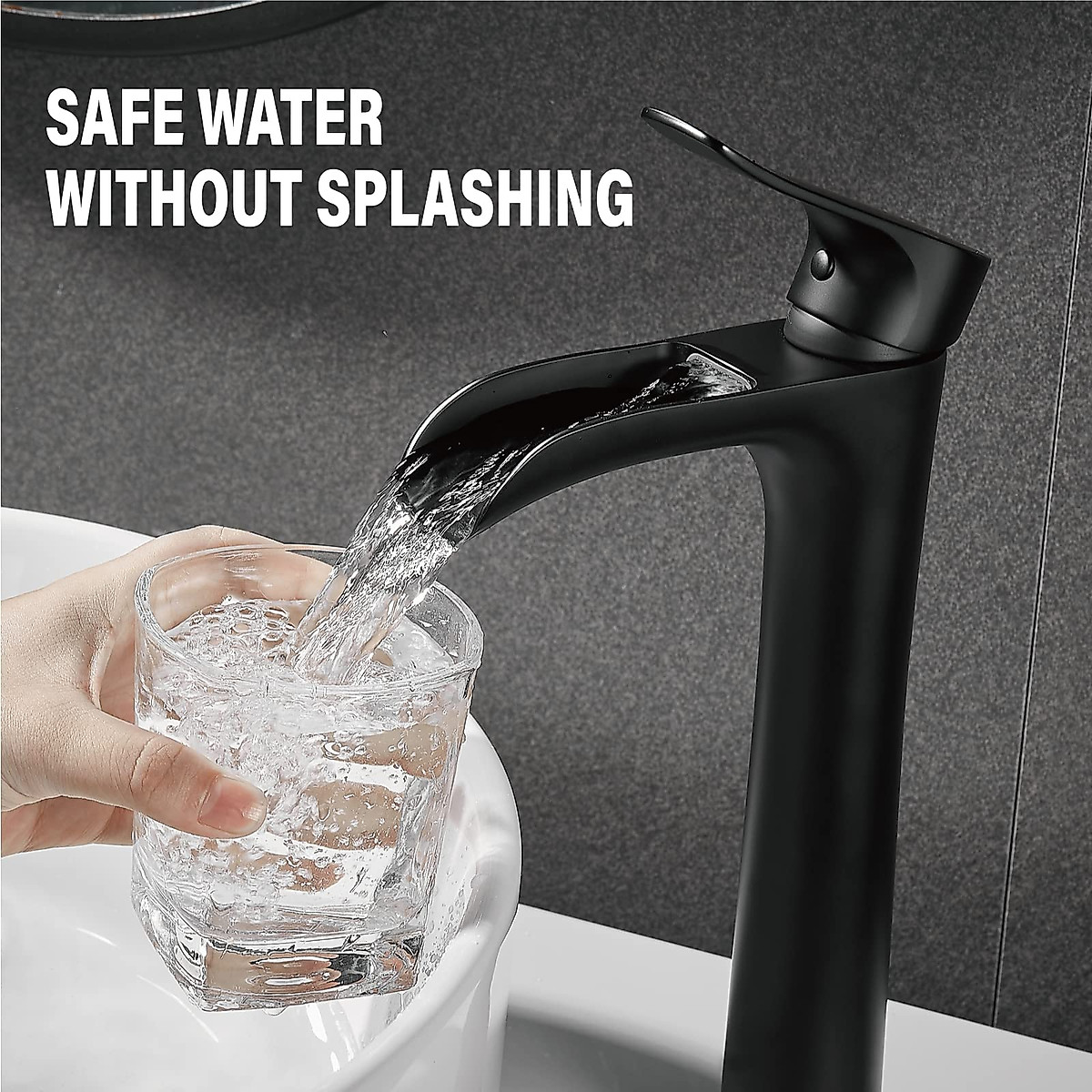 Vessel Sink Faucet,YUNDOOM,Matte Black Bathroom Faucet,Single Hole Bathroom Sink Faucet,Tall Bathroom Faucet Single Handle,Bathroom Bowl Sink Faucet,Waterfall Bathroom Faucet