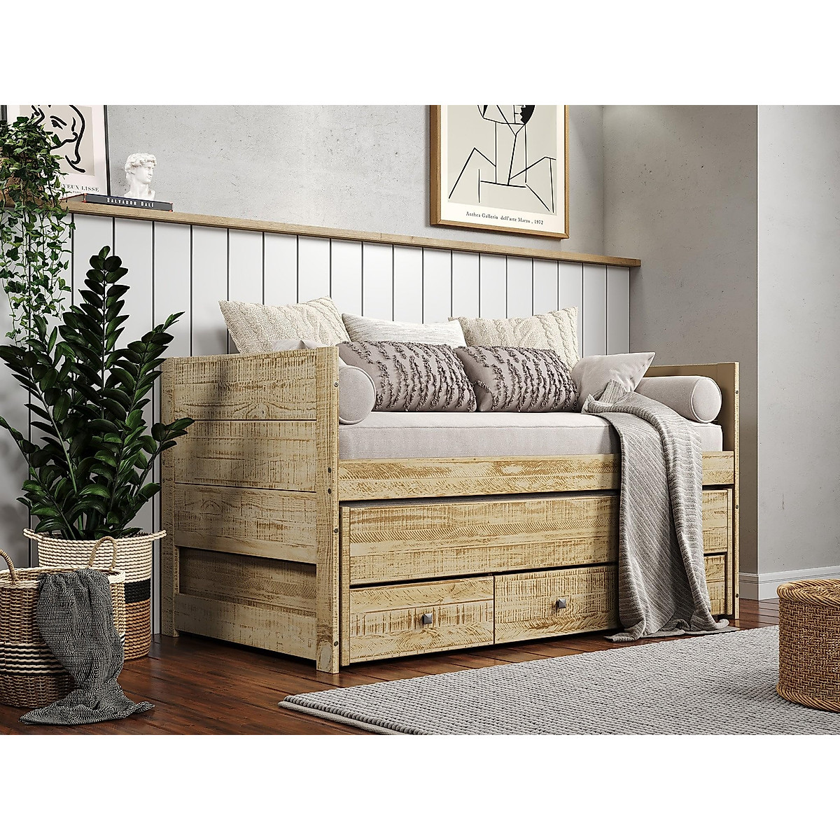 Bedz King All in One Twin Bed with Twin Trundle and 3 Built in Drawers, Weathered Honey