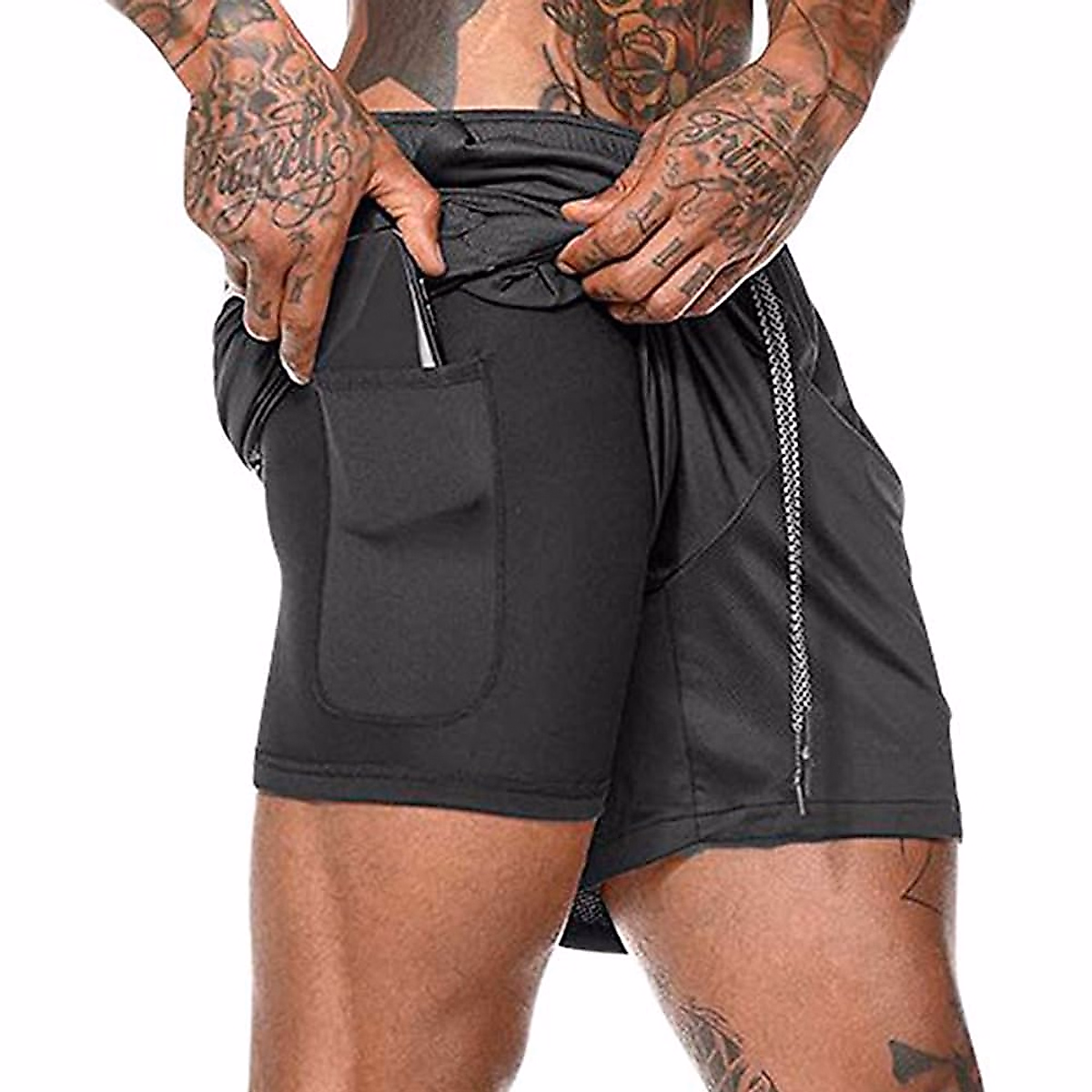 HANERDUN Men 2 in 1 Workout Running Athletic Shorts Sport Pants with Pocket Black