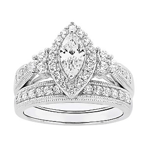 .925 Sterling Silver Cubic Zirconia Marqise Halo Milgrain Engagement Ring with Half-Eternity Wedding Band Bridal Set - Size 7