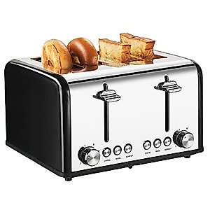 REDMOND Toaster 4 Slice Stainless Steel, Wide Slots 4 Slice Toaster with Bagel Defrost Cancel Function 6 Bread Shade Settings for Bread waffles Auto Shutoff Black