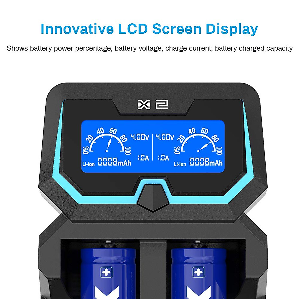 18650 Battery Charger 2 Slot, XTAR X2 Smart Charger 2A Fast Charger LCD Display for Rechargeable Batteries Ni-MH Ni-Cd 1.2V AA AAA10440 14500 1634020700 26650 AC Mirco USB Ports