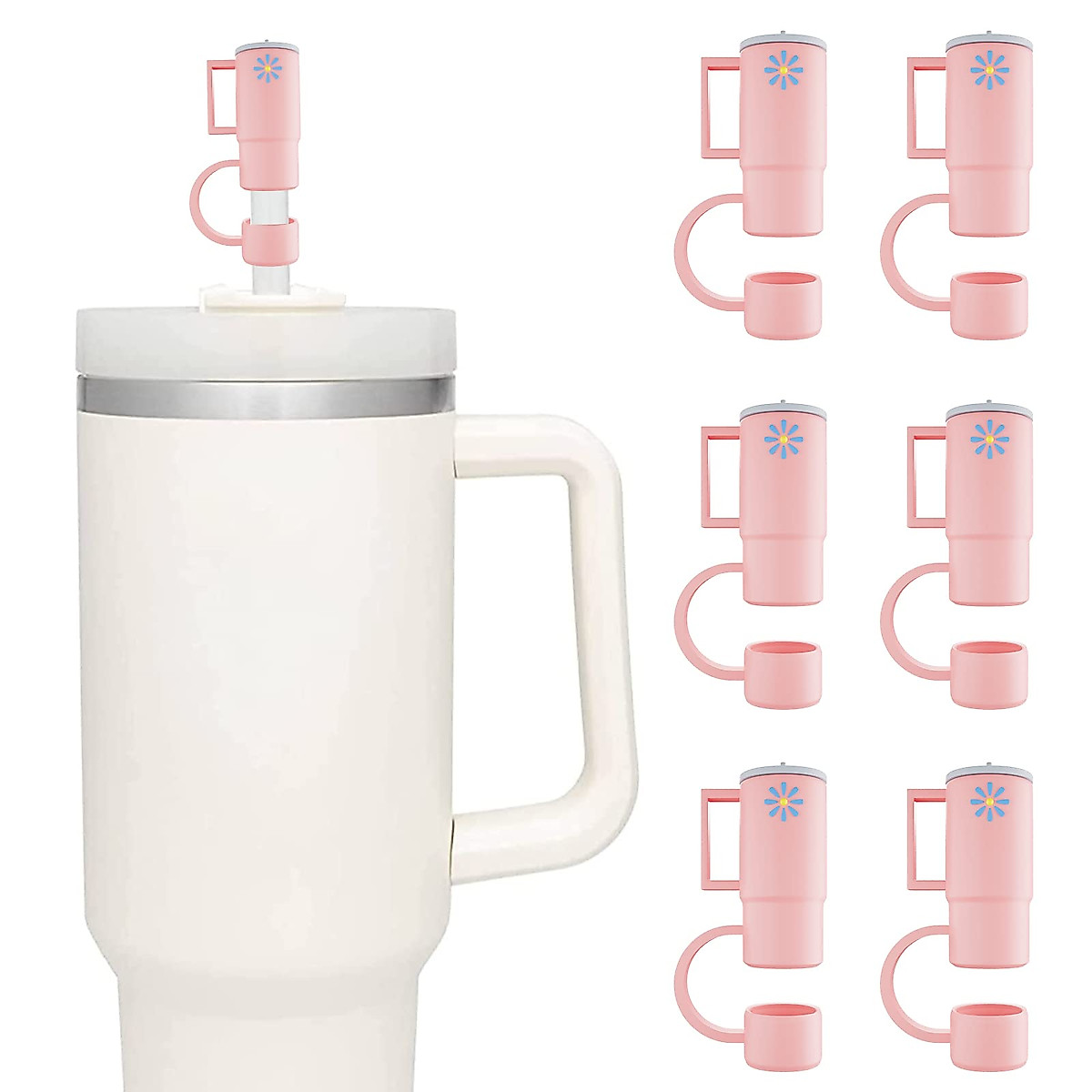 6Pcs Tumbler Shape Straw Tips Cover Cap Food-Grade Silicone Tips Reusable Drinking Straw Plugs Dust-Proof Lids Soft Cute Straw Protectors for 8-10 mm Stanley Cups Straws