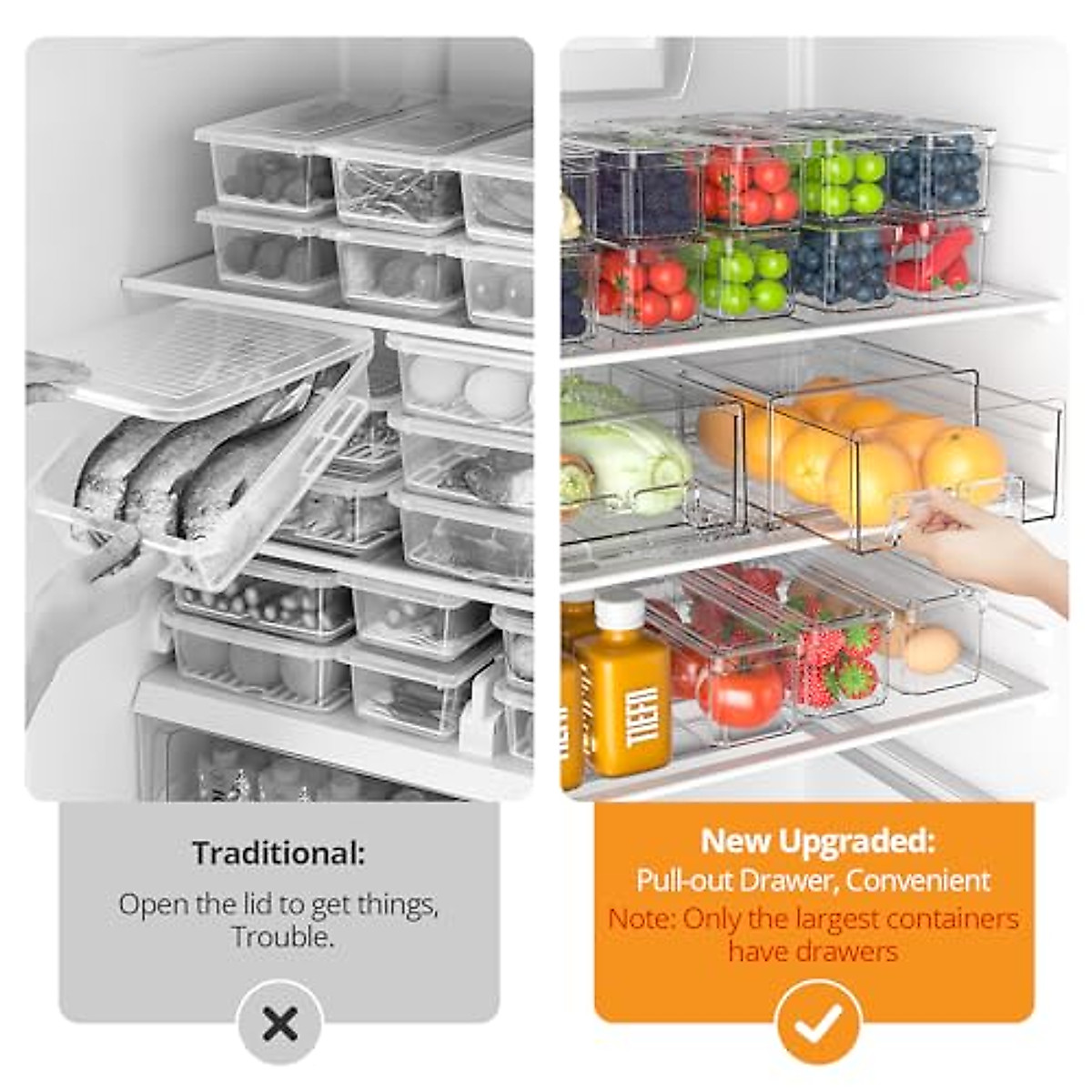 BOICHU Refrigerator Organizers and Storage - 14 Pack Clear Fridge Organizer Bins with Lids and Pull Out Drawers, 3 Size Stackable Fruit Storage Containers for Fridge, Keep Fruit and Vegetable Fresh