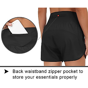 THE GYM PEOPLE Women’s High Waist Running Shorts with Liner Athletic Hiking Workout Shorts Zip Pockets (Black, Medium)