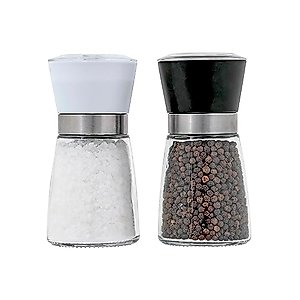 Kamenstein Top Manual Grinders, Adjustable Grind Filled with Sea Salt and Black Peppercorns, Black and White, Set Of 2