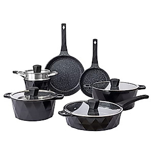 Country Kitchen Nonstick Induction Cookware Sets - 11 Piece Nonstick Cast Aluminum Pots and Pans with BAKELITE Handles - Induction Pots and Pans with Glass Lids (Black)