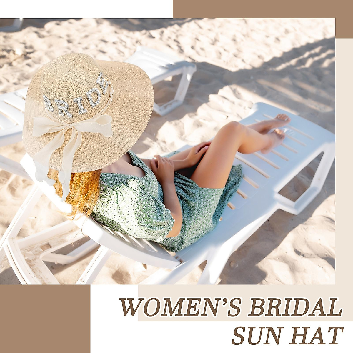Cozypower Bride Sun Hat Wide Brim Straw Hat Floppy Bride Beach Hat for Women Bridal Honeymoon Wedding Party Engagement (Beige)