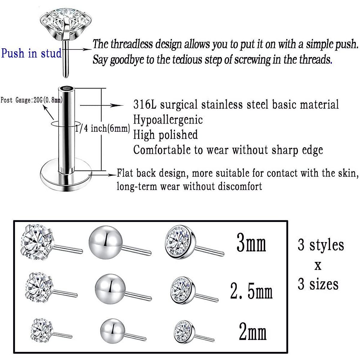9pcs Threadless Push in nose rings studs for Multiple Piercing,316L Surgical Stainless Steel lip rings studs Labret Jewelry Cartilage Tragus Helix Earrings Studs Monroe Medusa Piercing Jewelry for