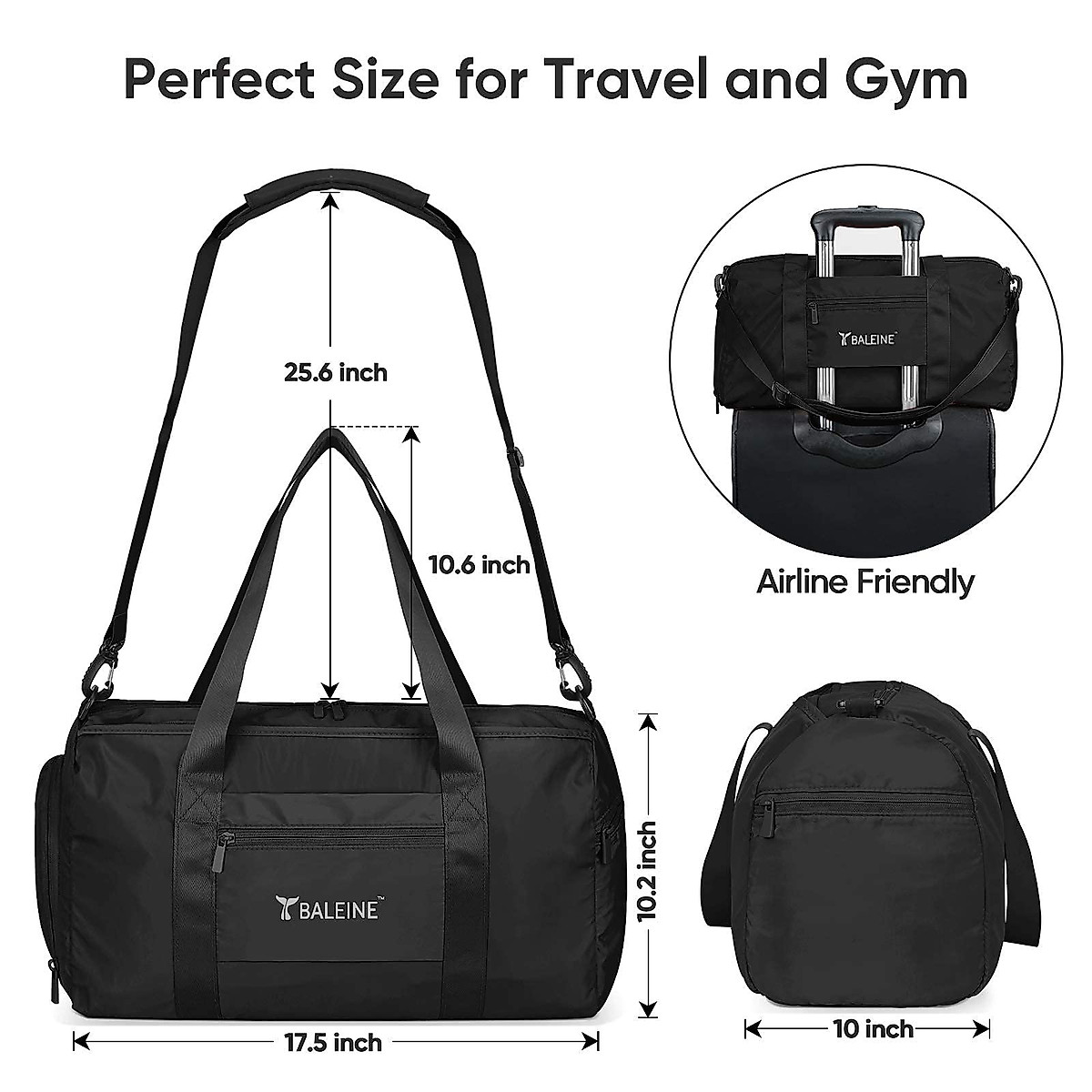 BALEINE Gym Bag for Women and Men, Small Duffel Bag for Sports, Gyms and Weekend Getaway, Waterproof Dufflebag with Shoe and Wet Clothes Compartments, Lightweight Carryon Gymbag (Black)
