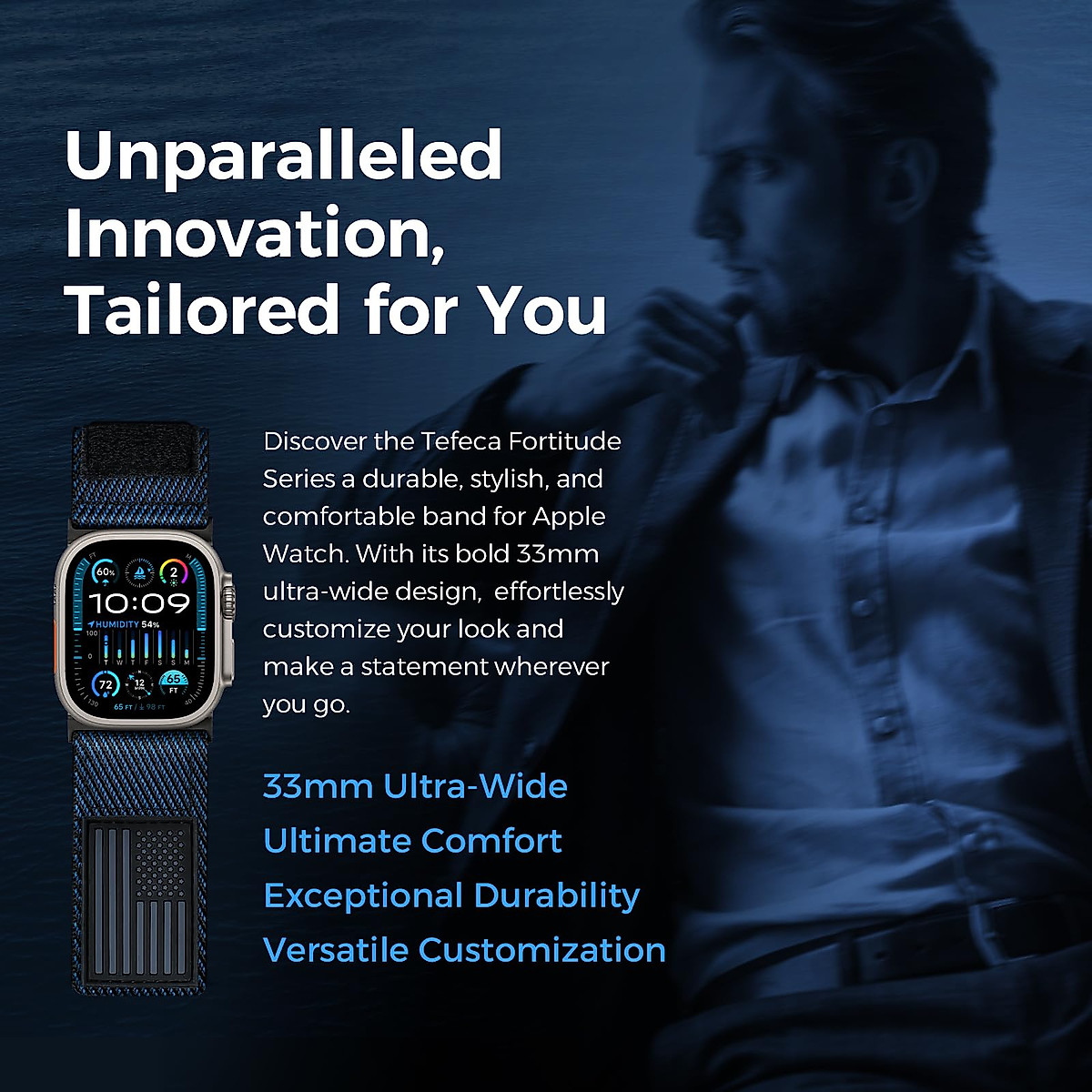 Tefeca Fortitude Series USA Flag Ultrawide Band Compatible with Apple Watch Ultra 2/Ultra 49mm, Series 10 46mm, Series 9/8/7 45mm, SE2/SE/6/5/4 44mm(Onyx, M/L for 49mm/46mm/45mm/44mm)