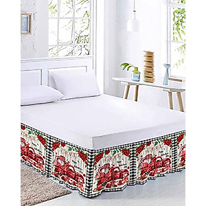Valentine's Day Bed Skirt King Size 18 Inch Drop,Adjustable & Elastic Wrap Around Bed Skirts Pleated Dust Ruffles for Twin Full Queen Cal King Bed,Red Truck Spring Saint Rose Love Black Plaid Check
