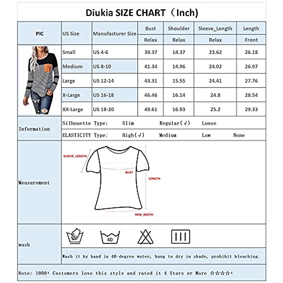 Diukia Women's Pinstripe Patch Pocket Long Sleeve Tops Stripe Color Block Lightweight Pullover Shirt for Girls Teens Junior Ladies Black L