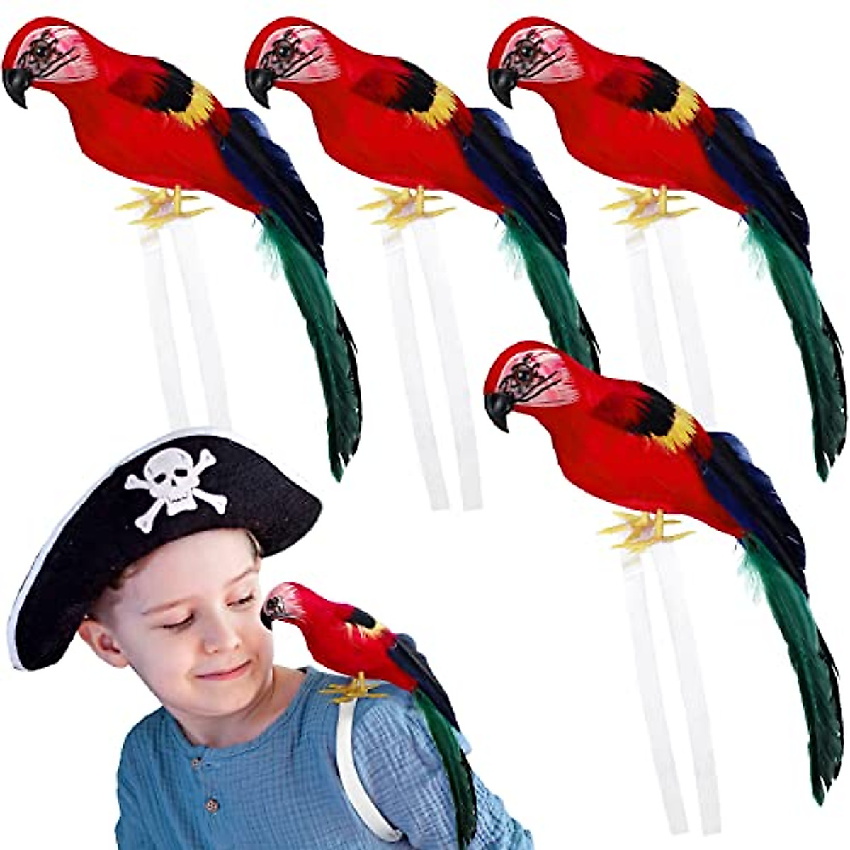 Yinder 4 Pcs Halloween Pirate Parrot Prop on Shoulder Pirate Parrot Prop Artificial Feather Parrot Costume Accessory Party Supplies
