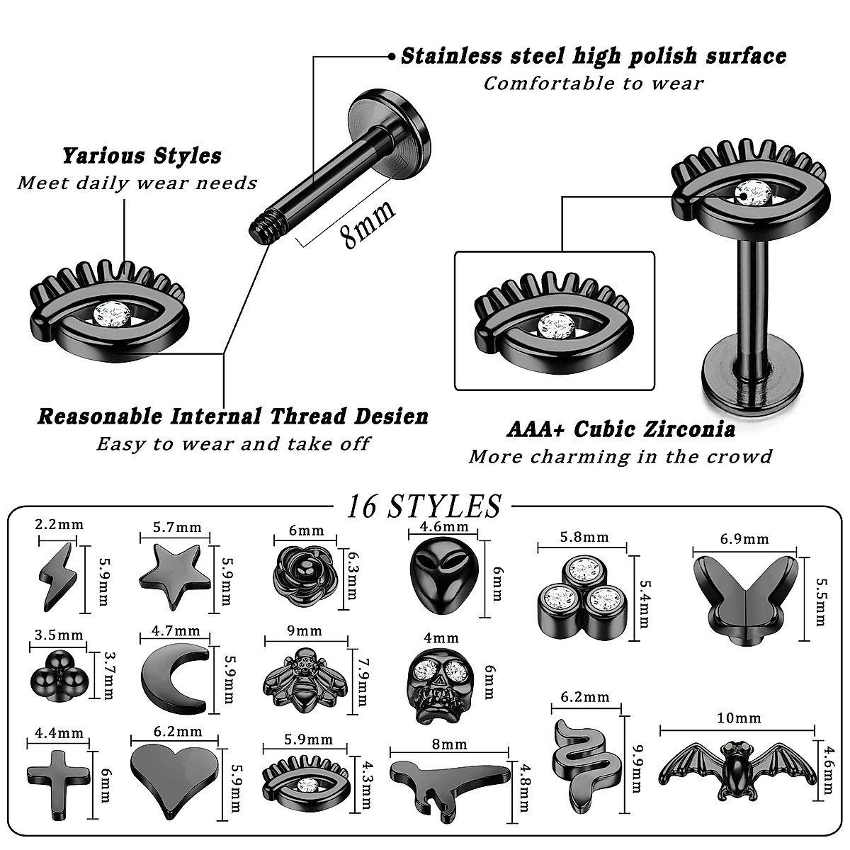 Drperfect Tragus Piercing Jewelry for Women Men 16G 8MM Helix Cartilage Conch Earring Stud Stainless Steel Internally Threaded Medusa Lip Monroe Ring Labret Nose Stud Set Black