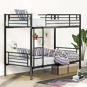 Alohappy Metal Bunk Bed Twin Over Twin, Twin Bunk Beds with Removable Ladder and Safety Guard Rail, 13.8” Under Bed Storage Space, No Box Spring Needed, Easy to Climb, Industrial Style(Black)