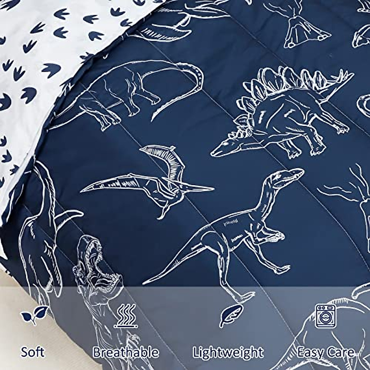 Jundetye 4 Pieces Dinosaur Toddler Bedding Set for Boys, Soft Breathable Toddler Comforter Set, Dino Print Navy, Includes Reversible Comforter, White Fitted Sheet and Flat Sheet, Pillowcase