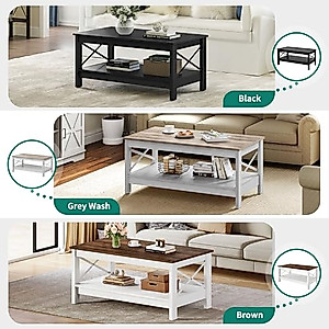 YITAHOME Coffee Table for Living Room,Modern Farmhouse Coffee Table with Storage,2-Tier Center Table for Living Room Wood Living Room Table Accent Cocktail with Sturdy Frame,Black