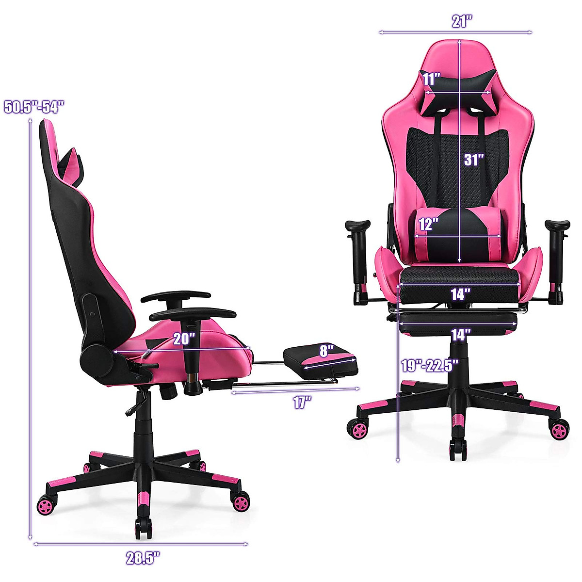Giantex Massage Gaming Chair Pink, Ergonomic Video Game Chair with Footrest, High Back E-Sport Computer Chair with Headrest & Massager Lumbar Support, PU Leather Gaming Seat