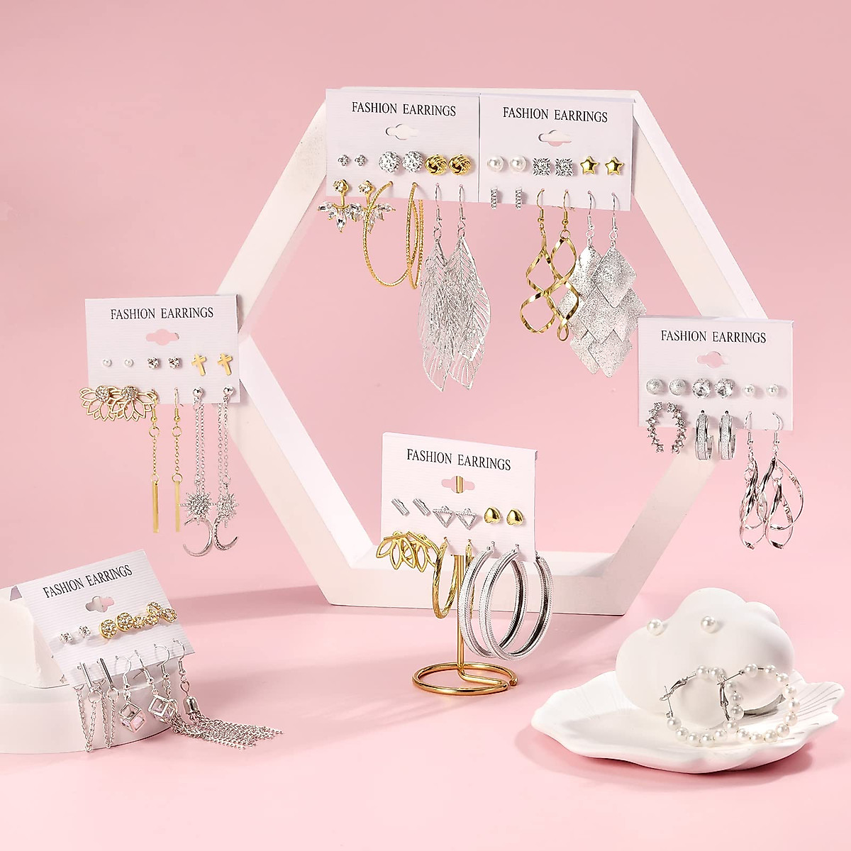 Fashion Earrings for Women, Funtopia 68 Pairs Drop Dangle Earrings, Statement Stud Earrings Pearl Earrings Set for Party Jewelry Gift (Gold and Silver)