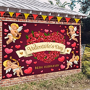 Happy Valentines Day Banner Backdrop Decoration, Valentine's Day Cupid Rose Heart Photo Background Banner, Valentines Banner Party Decorations Supplies
