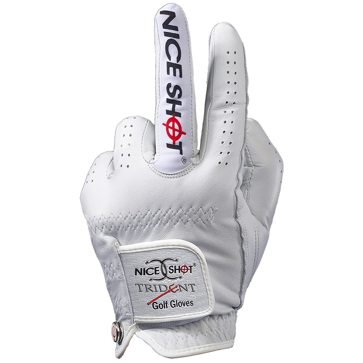 Nice Shot Trident Golf Glove with Power Grip Strips in Premium White Cabretta Leather Men's Left Hand - XLarge