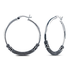Charmsy 925 Sterling Silver Oxidized Balinese Beaded Hoop Earrings for Women | Lightweight Large Antique Bali Style Click Top Hoops Earring Jewelry | Size 50mm