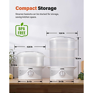 GDOR 3 Tier Electric Food Steamer for Cooking, 800W Vegetable Steamer for Fast Simultaneous Cooking, Boil Dry Protection, Dishwasher Safe, 60-Minute Timer, BPA-Free, 9.6 QT, White